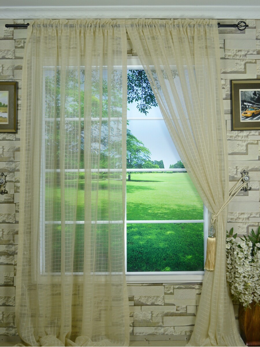 QY7151SOE Laura Small Plaid Polyester Rod Pocket Sheer Curtains ...