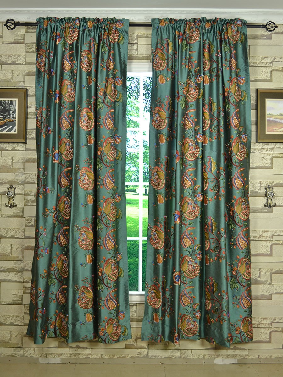 Halo Embroidered Multi-color Scenery Dupioni Silk Ready Made Rod Pocket ...