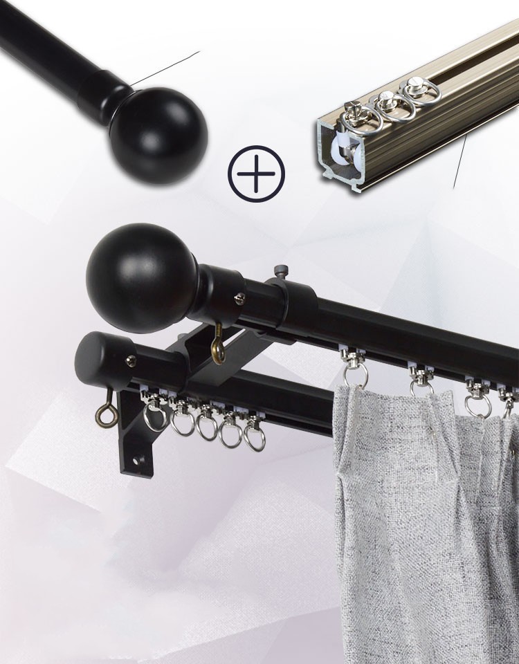QYRY07 Black Metal Curtain Rod Set With Metal Rollers ...