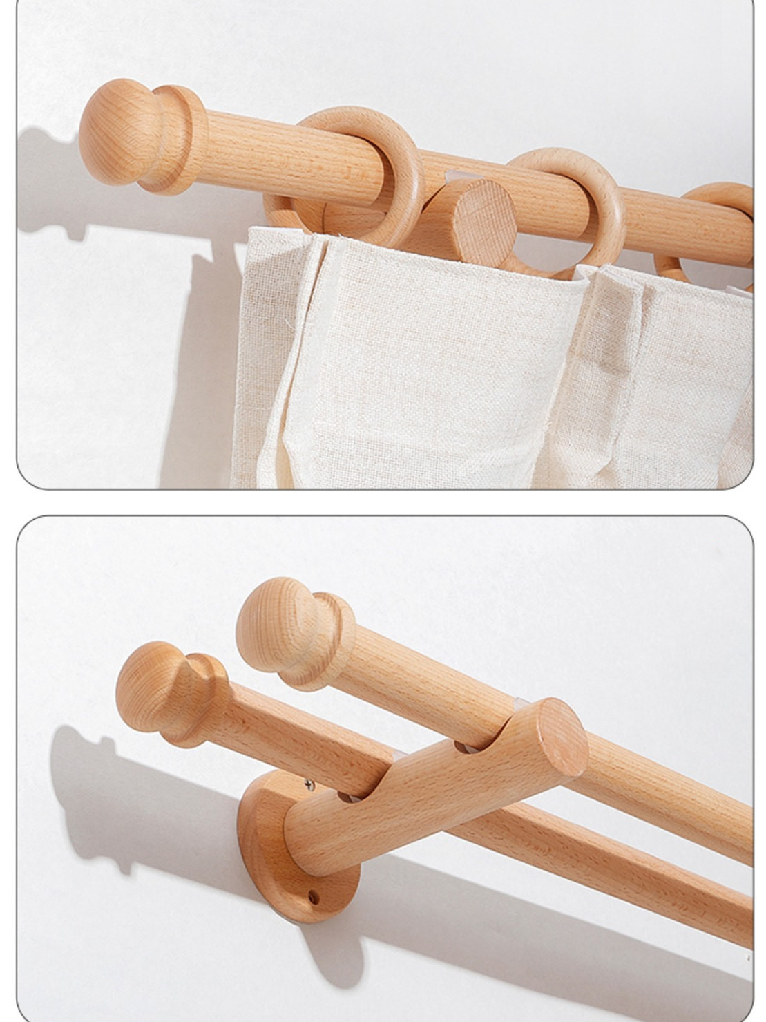 QYT19 Natural Wood Curtain Rod Beech Single/Double Wooden Poles ...