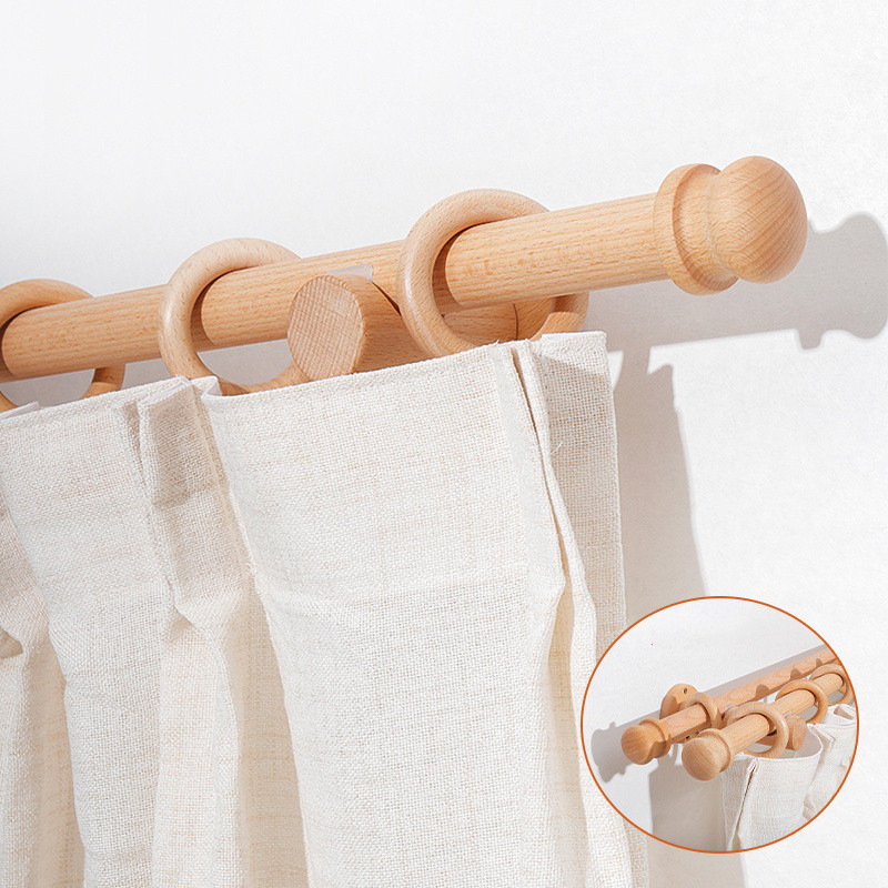 QYT19 Natural Wood Curtain Rod Beech Single/Double Wooden Poles ...