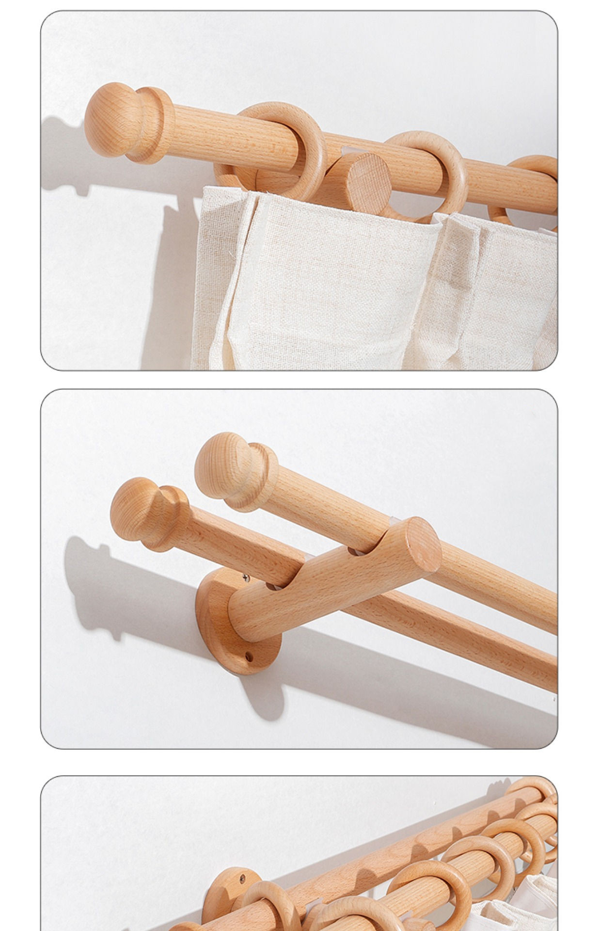 QYT19 Natural Wood Curtain Rod Beech Single/Double Wooden Poles ...