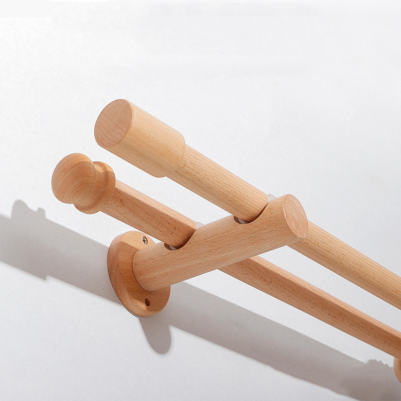 QYT20 Natural Wood Curtain Rail Single/Double Drapery Pole Sets ...