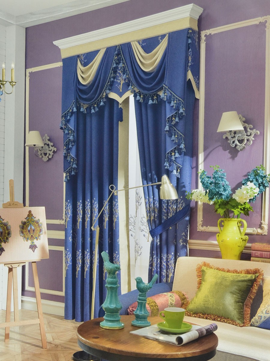 Baltic Embroidered Blue Waterfall and Swag Valance and Curtain Pair ...